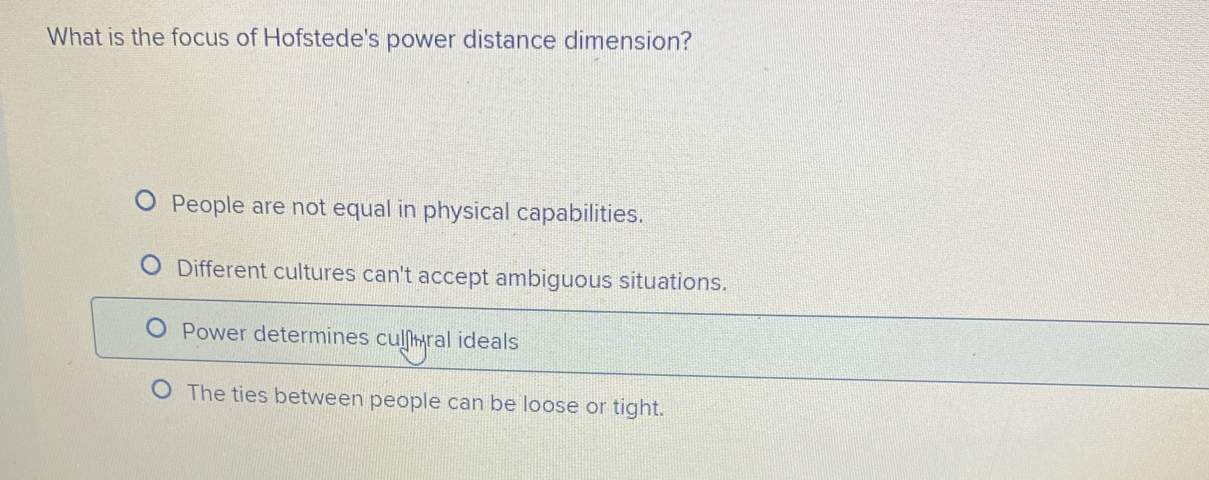 Solved What is the focus of Hofstede's power distance | Chegg.com