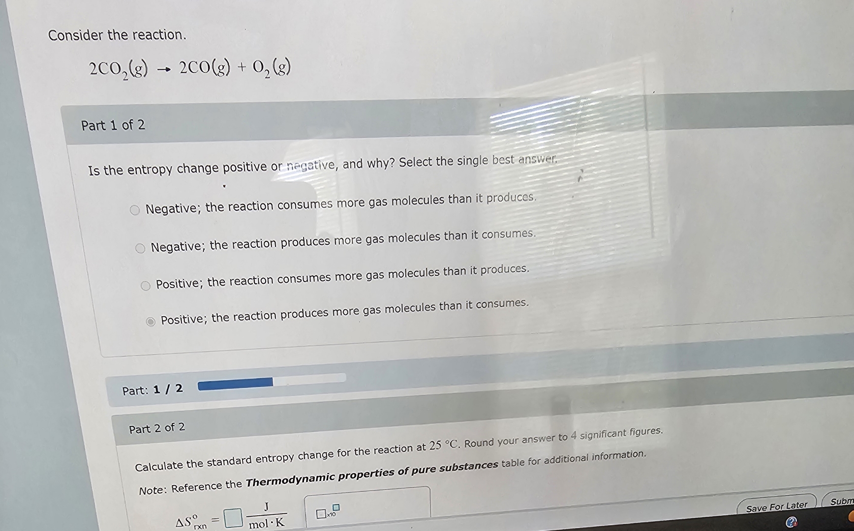 Solved Consider the reaction.2CO2(g)→2CO(g)+O2(g)Part 1 ﻿of | Chegg.com