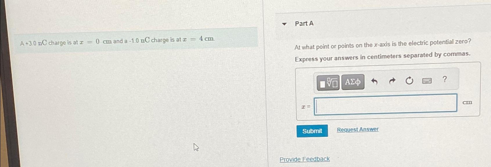 Solved Part A\\nA +3.0nC charge is at x=0cm and a -1.0nC | Chegg.com