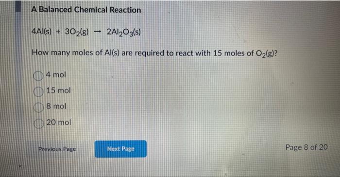Solved A Balanced Chemical Reaction 4Al(s)+3O2( g)→2Al2O3( | Chegg.com