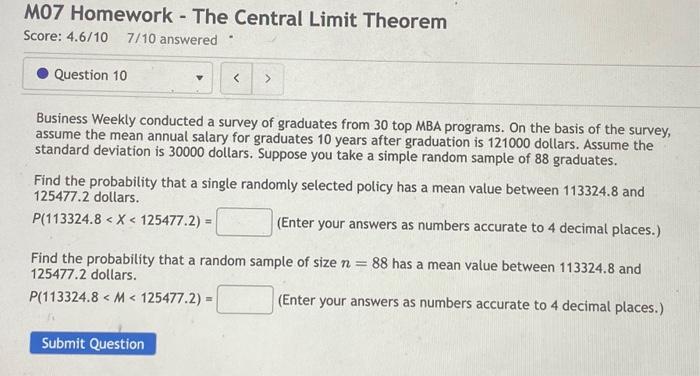Solved M07 Homework - The Central Limit Theorem Score: | Chegg.com