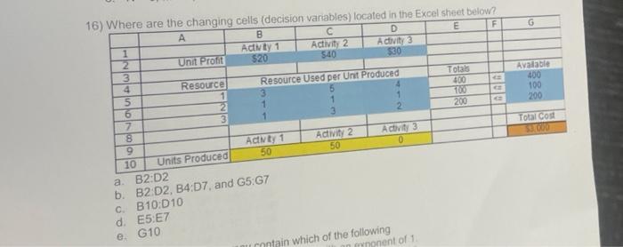 Solved 16 a. B2:D2 b. B2:D2, B4:D7, and G5:G7 c. B10:D10 d. | Chegg.com