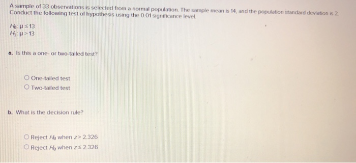 Solved A sample of 33 observations is selected from a normal | Chegg.com