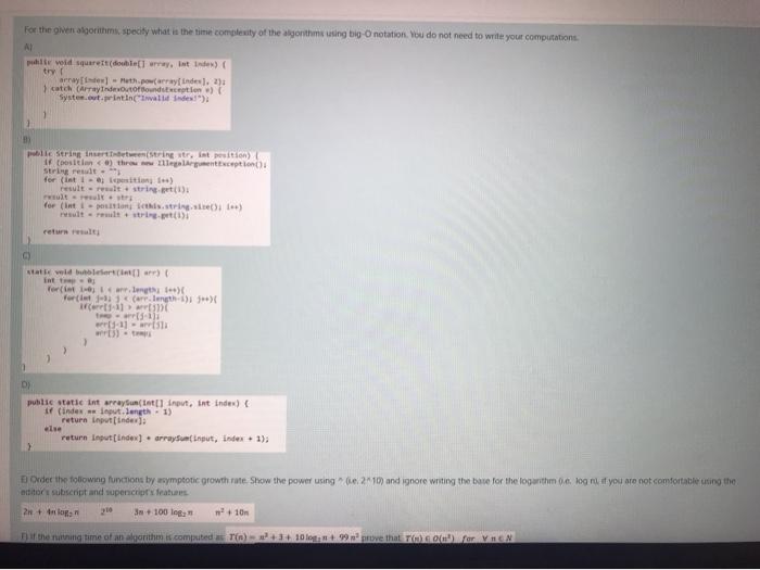 Solved For the given algorithms, specify what is the time | Chegg.com