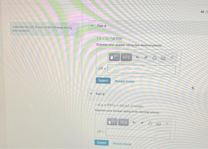 Solved Crileviate the pH of each of the following strong | Chegg.com