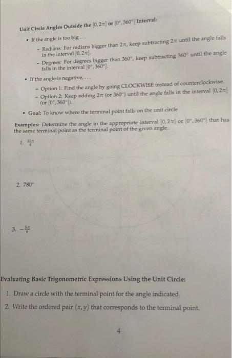 Solved Unit Circle Angles Outside the {0,2π} or {04,360−1] | Chegg.com