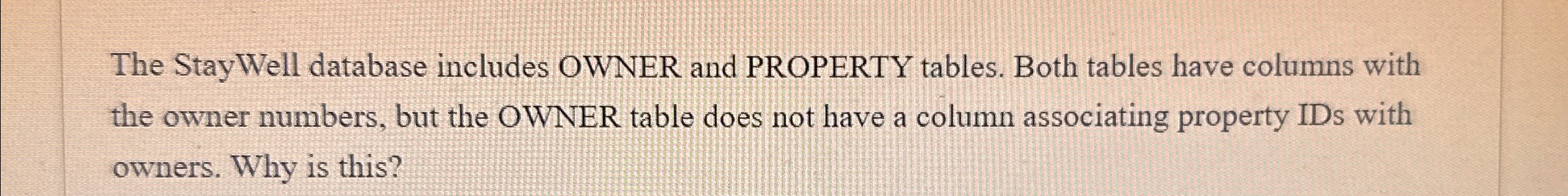 Solved The StayWell database includes OWNER and PROPERTY | Chegg.com