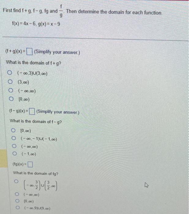Solved First find f+g,f−g,fg and gf. Then determine the | Chegg.com