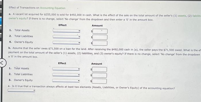 Solved Effect of Transactions on Accounting Equation a. A | Chegg.com