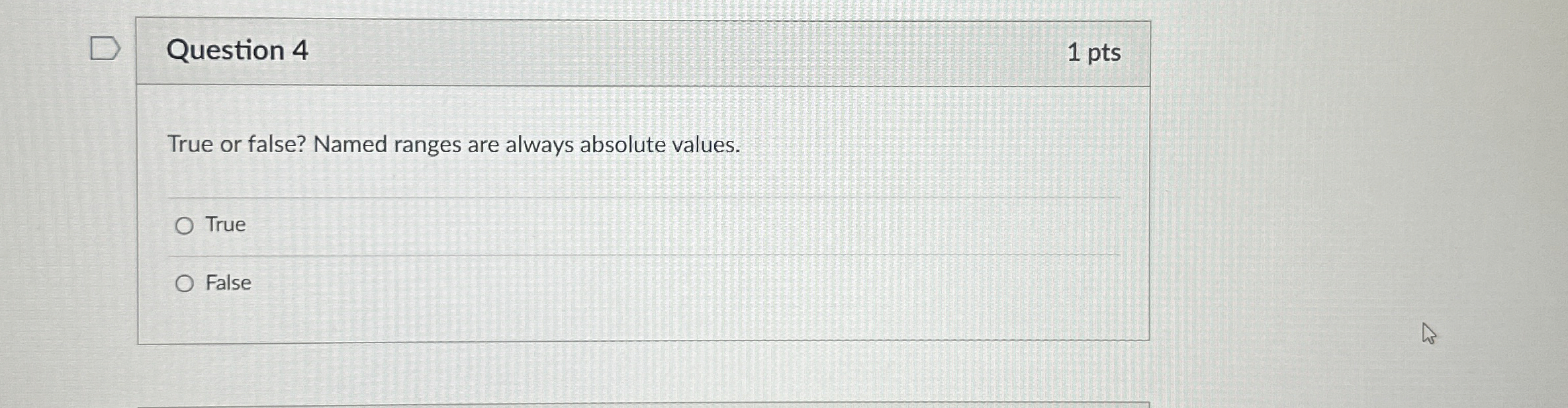 Solved Question 41 ptsTrue or false? Named ranges are | Chegg.com Solved Question 41 ptsTrue or false? Named ranges are | Chegg.com