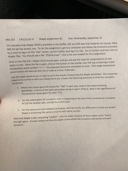 MA 253 CALCULUS II Maple assignment # 1 Due: | Chegg.com