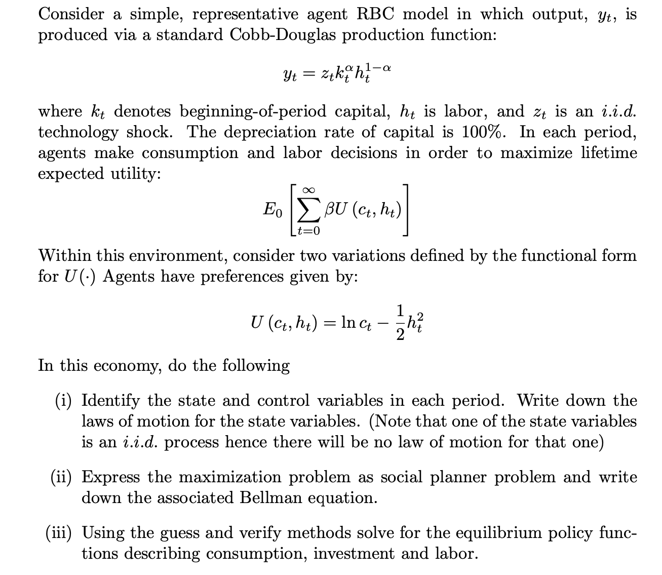 Solved Consider a simple, representative agent RBC model in | Chegg.com