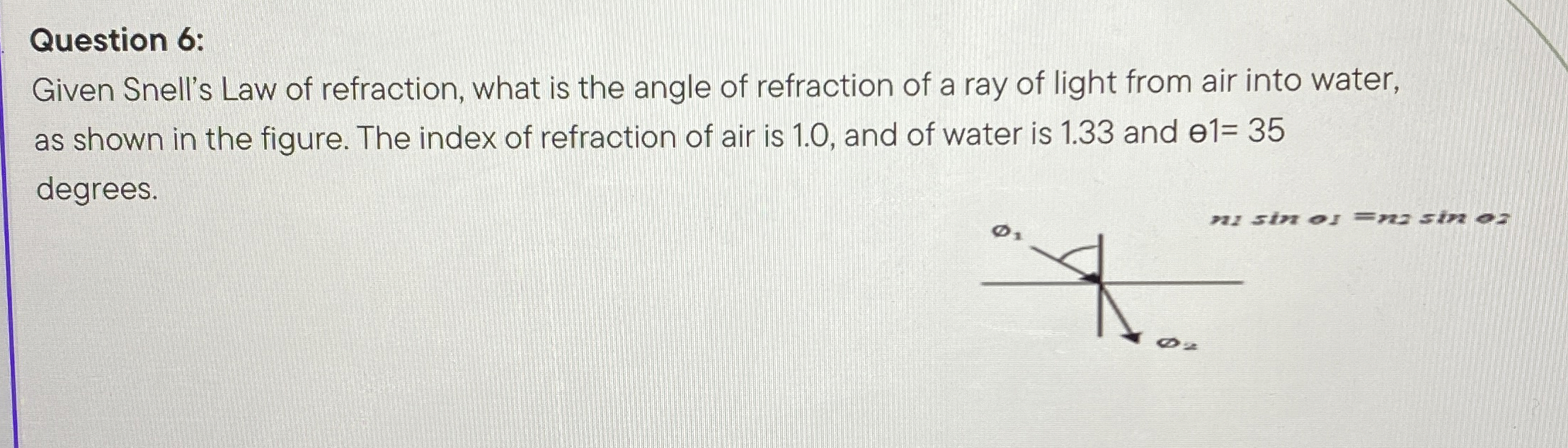 Solved Question 6:Given Snell's Law of refraction, what is | Chegg.com