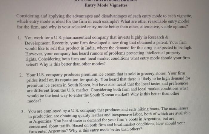 Solved Entry Mode Vignettes Considering and applying the | Chegg.com