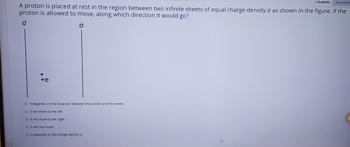 Solved 1.6 points Save Answe A proton is placed at rest in | Chegg.com
