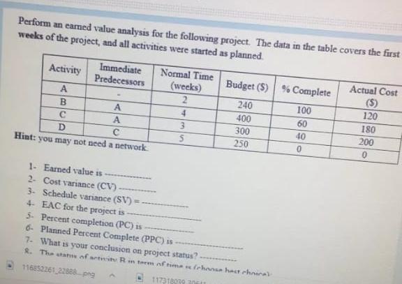 Solved Perform an earned value analysis for the following | Chegg.com