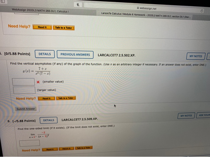 Solved h WebAssign 2020L3 MATH 265 DL1, Calculus | Chegg.com