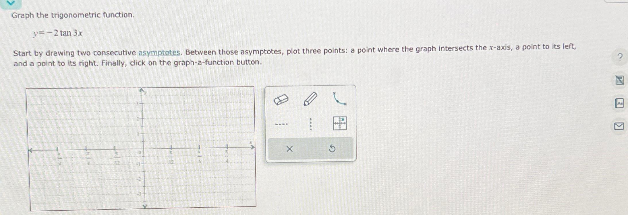 Solved Graph the trigonometric function.y=-2tan3xStart by | Chegg.com