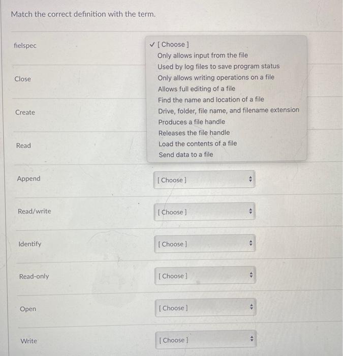 Solved Match the correct definition with the term. fielspec | Chegg.com