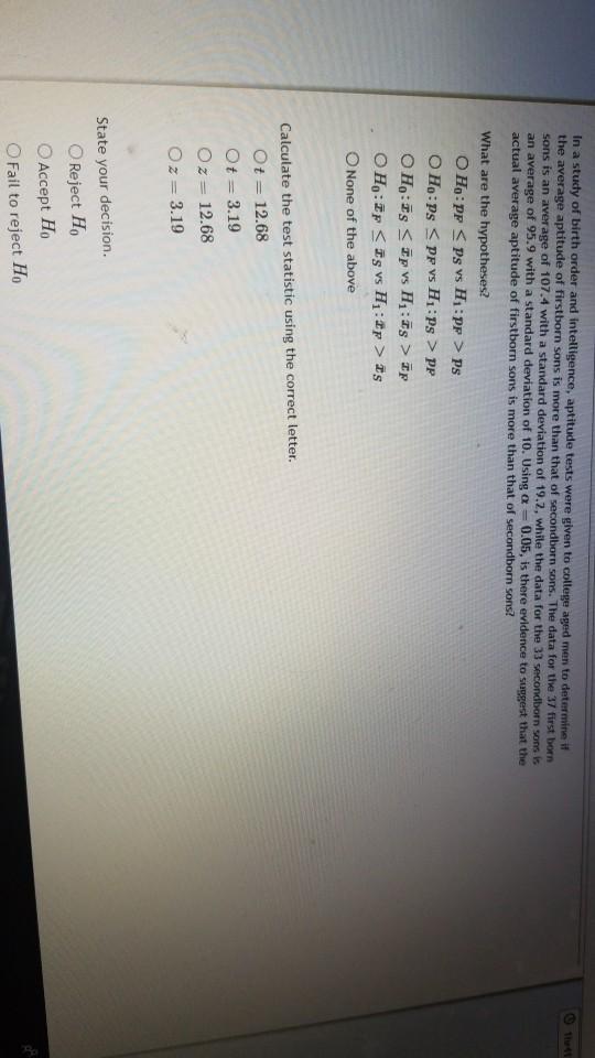 Solved In a stucty of birth order and intelligence, aptitude | Chegg.com