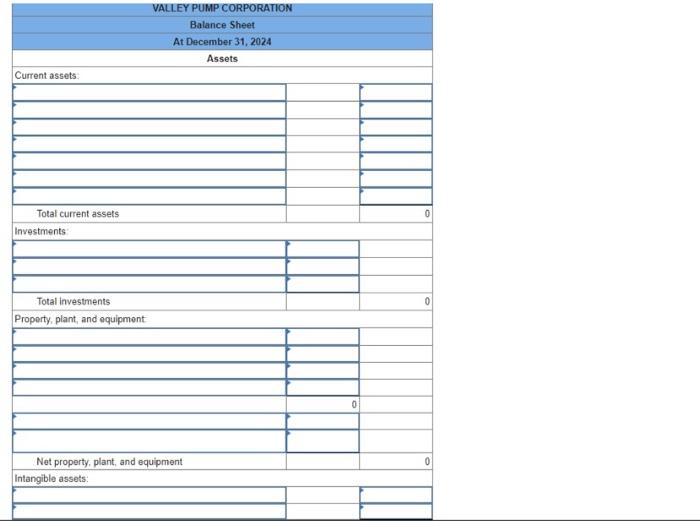 Solved VALIEY PUMP CORPORATION Balance Sheet At December 31, | Chegg.com
