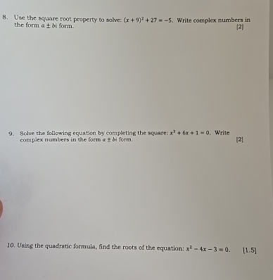 Solved Use the square root property to solve: (x+9)2+27=-5. | Chegg.com
