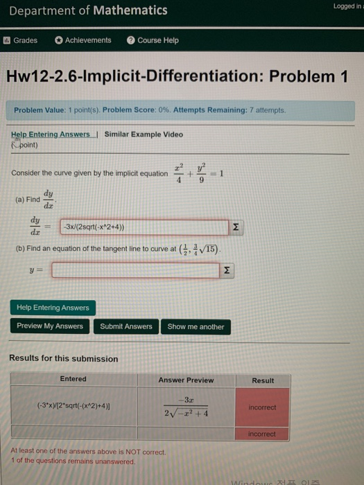 Solved Department of Mathematics Logged in: Grades | Chegg.com