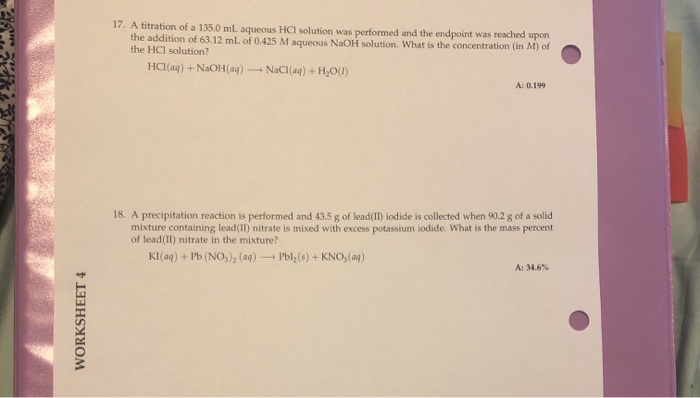 Solved 17. A titration of a 135.0 ml. aqueous HCl solution | Chegg.com