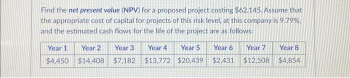 Solved Find the net present value (NPV) for a proposed | Chegg.com