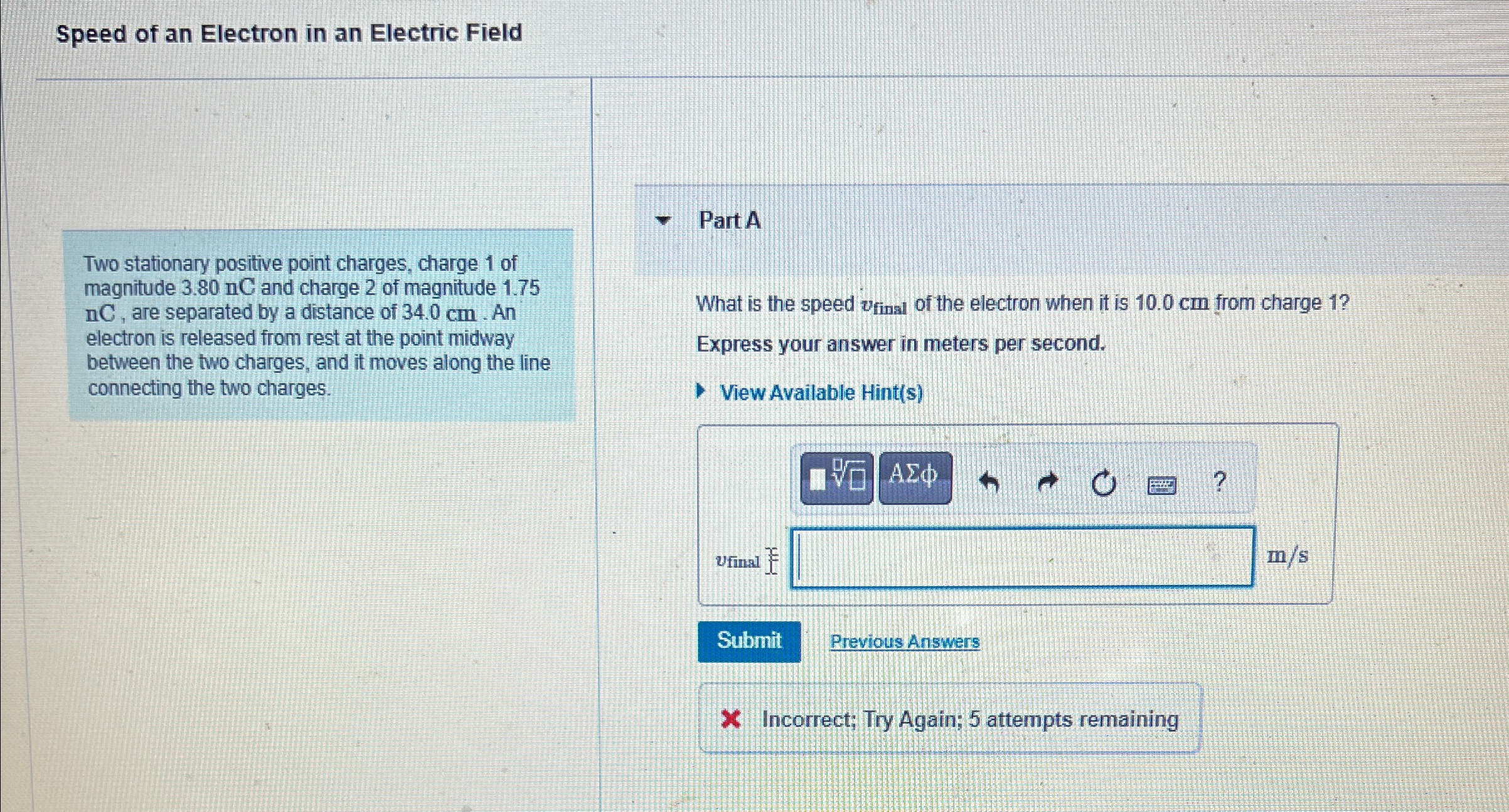 Solved Speed of an Electron in an Electric FieldTwo | Chegg.com