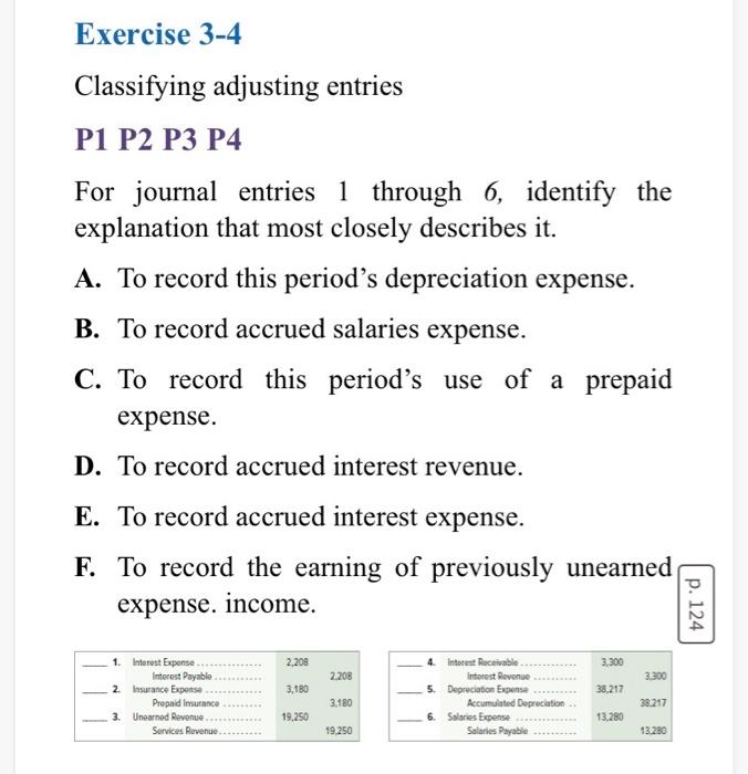 Solved Exercise 3 4 Classifying Adjusting Entries P1 P2 P3 