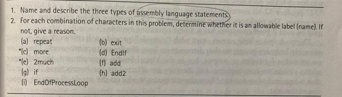 Solved 1. Name and describe the three types of assembly | Chegg.com