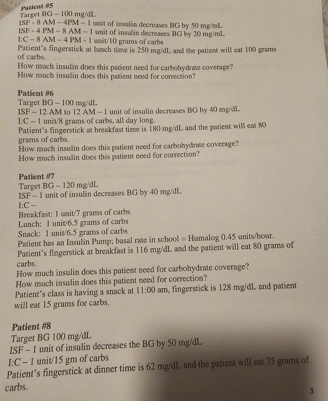 Solved patient #5 Target BG−100mg/dL ISF - 8AM−4PM−1 unit of | Chegg.com