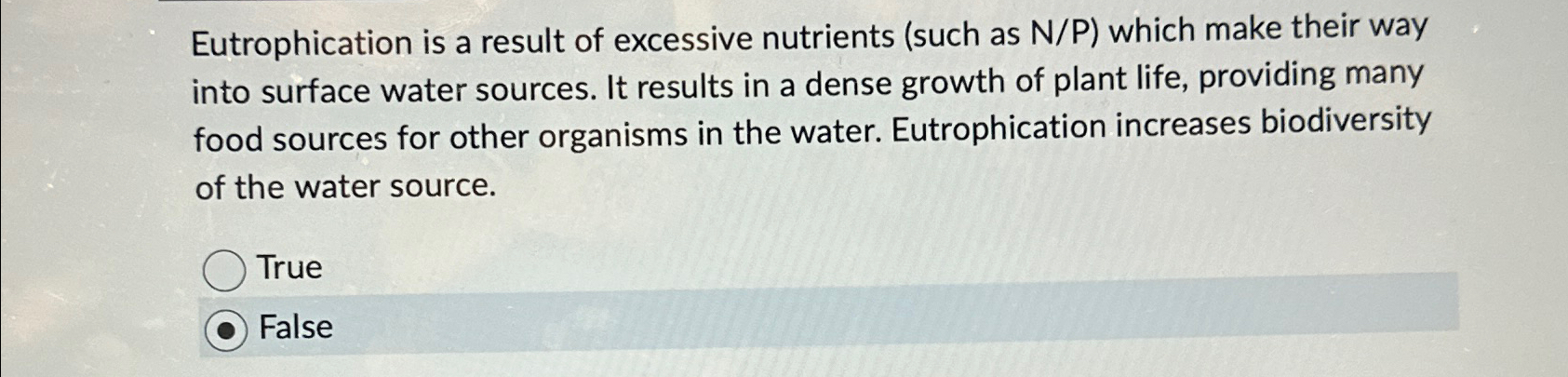 Solved Eutrophication is a result of excessive nutrients | Chegg.com