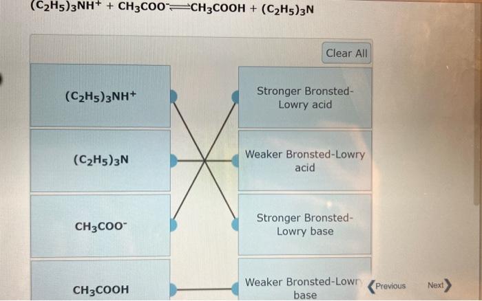 Solved (C2H5)3NH++CH3COO−⇌CH3COOH+(C2H5)3 NCH3COOH is a | Chegg.com