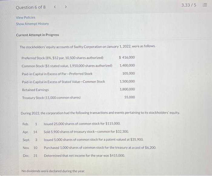 Solved The stockholders' equity accounts of Swifty | Chegg.com
