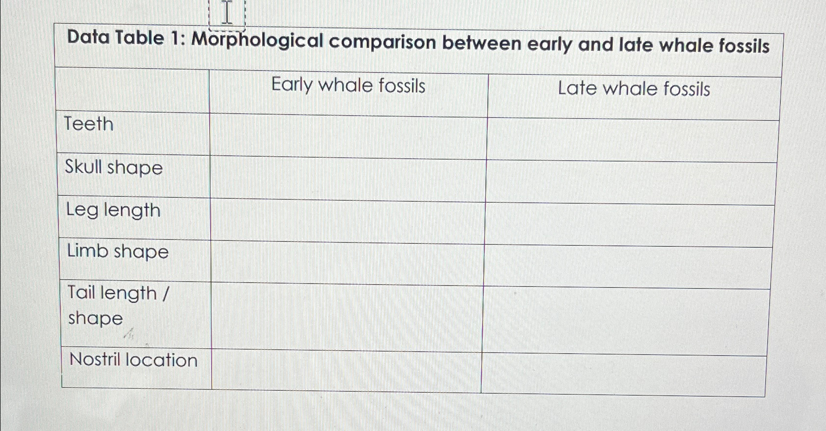 Solved Data Table 1: Morphological comparison between early | Chegg.com