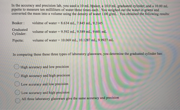 Solved In the accuracy and precision lab, you used a 10 mL | Chegg.com