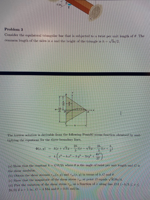 Solved Problem 3 Consider the equilateral triangular bar | Chegg.com