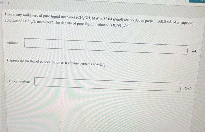Solved How many milliliters of pure liquid methanol | Chegg.com