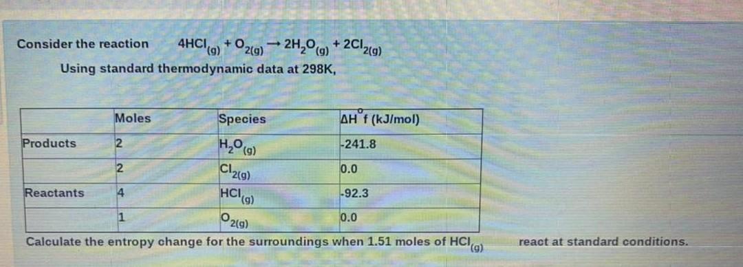 Solved Consider the reaction 4HC19) + O2(g) → 2H,09 + | Chegg.com
