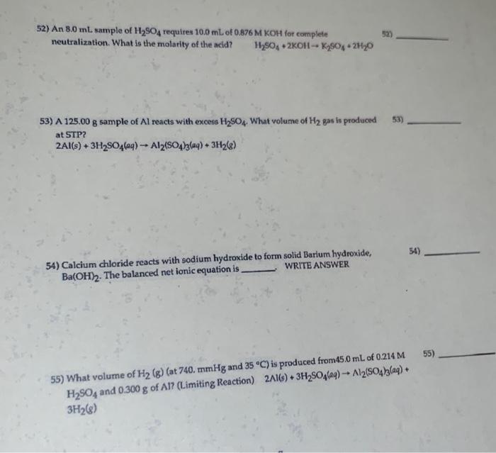 Solved 52) An 8.0 mL sample of H2SO4 requires 10.0 mL of | Chegg.com