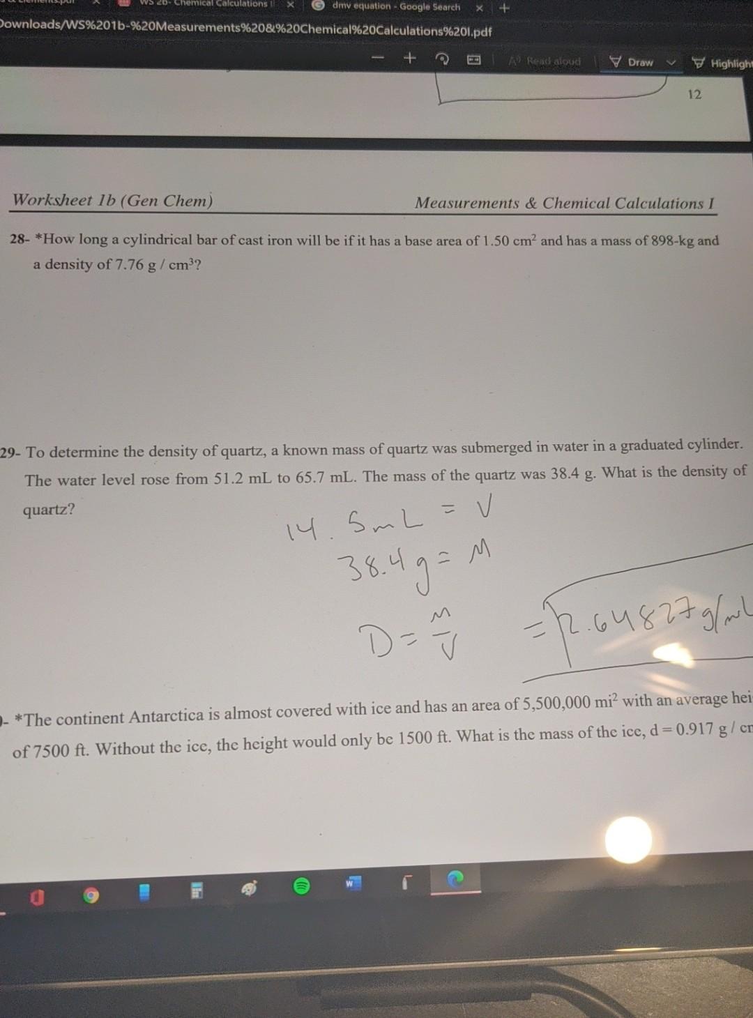 WS 20- Chemical Calculations © dmv equation - Google | Chegg.com