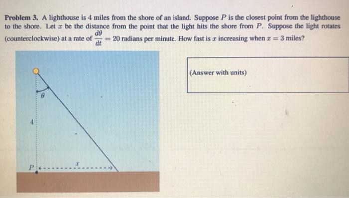 Solved Problem 3. A lighthouse is 4 miles from the shore of | Chegg.com