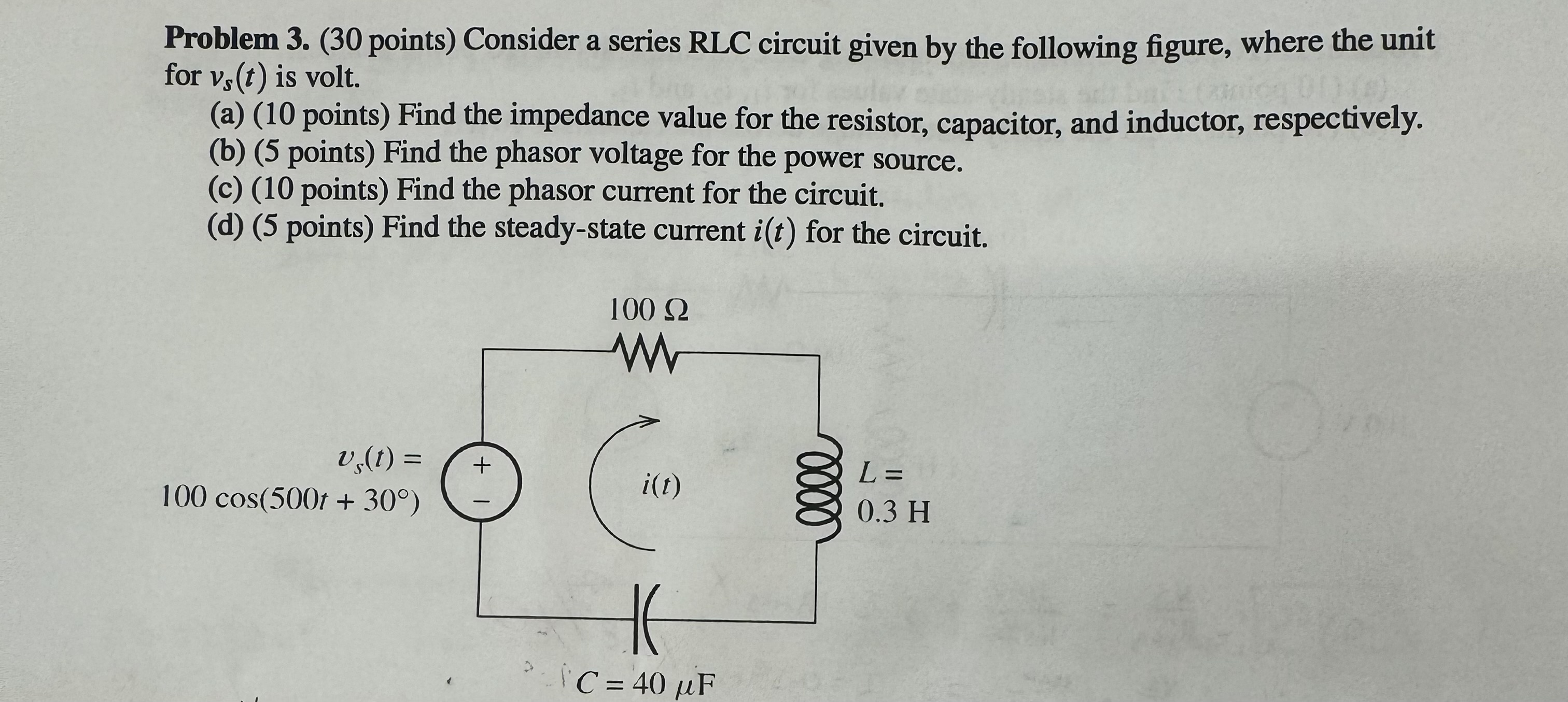 Solved Problem 3. (30 ﻿points) ﻿Consider a series RLC | Chegg.com