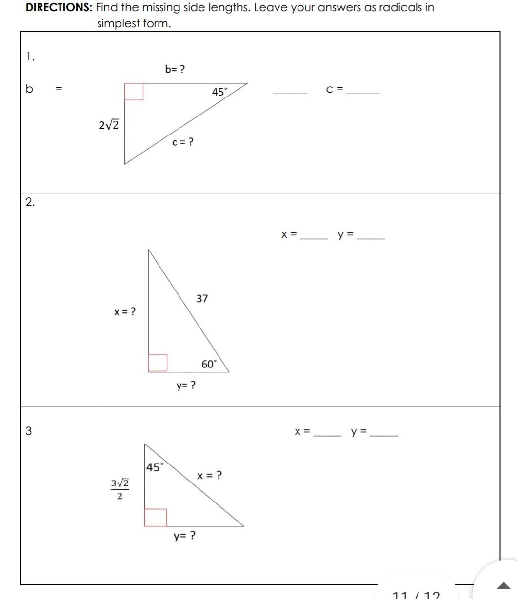Solved DIRECTIONS: Find the missing side then complete the | Chegg.com