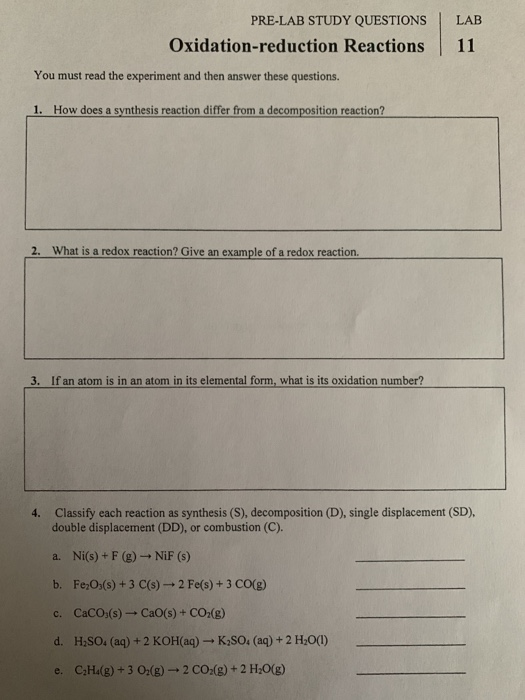 Solved PRE-LAB STUDY QUESTIONS Oxidation-reduction Reactions | Chegg.com