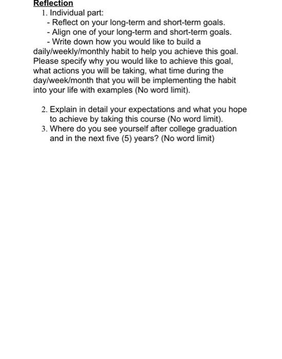 Reflection 1. Individual part: - Reflect on your | Chegg.com