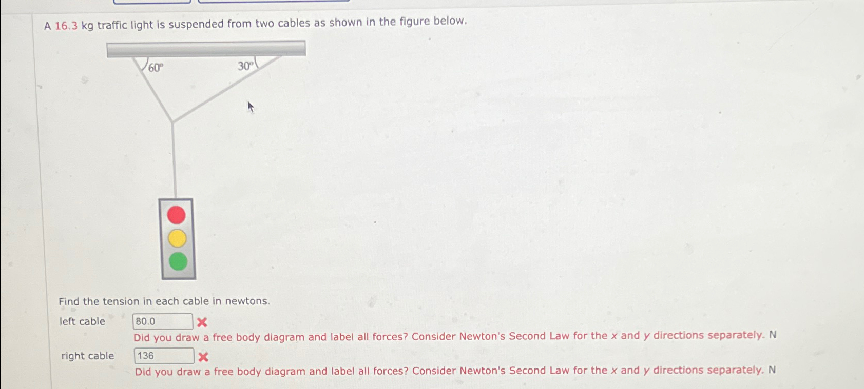 Solved A 16.3kg ﻿traffic light is suspended from two cables | Chegg.com