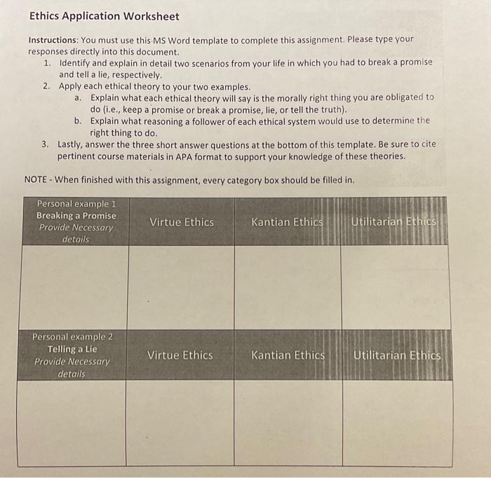 Ethics Application Worksheet Instructions: You must | Chegg.com